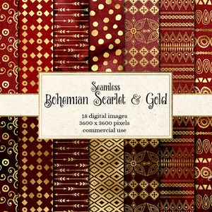 Bohemian Scarlet and Gold Digital Paper, Seamless Textures, Gold Boho ...