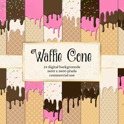 Waffle Cone Digital Paper Dripping Chocolate and Strawberry - Etsy