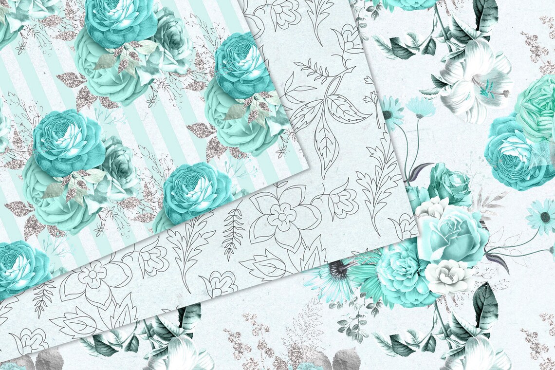 Turquoise Floral Digital Paper Seamless Backgrounds With Aqua - Etsy