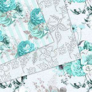 Turquoise Floral Digital Paper, Seamless Backgrounds With Aqua Flower ...