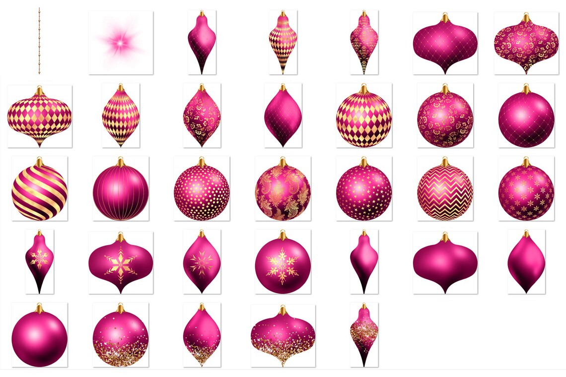Hot Pink and Gold Christmas Ornaments Clipart Digital Glitter - Etsy