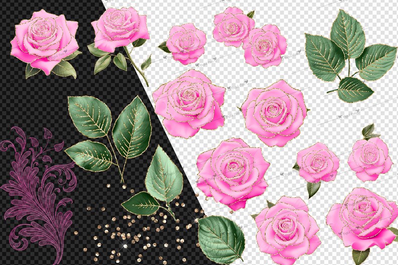 Hot Pink and Gold Rose Clip Art, Glitter Flower PNG (digital Download ...
