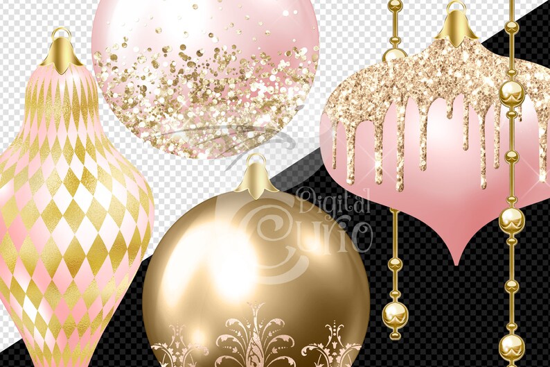 Blush and Gold Christmas Ornaments Clipart Pink Digital - Etsy