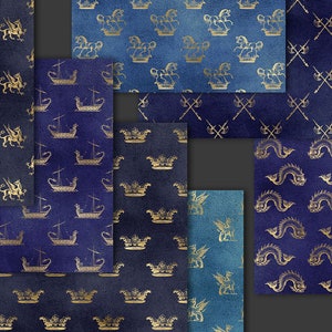 Heraldic Blue and Gold Digital Paper, Seamless Patterns, Medieval ...