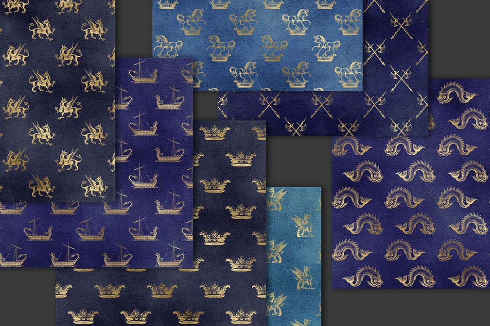 Heraldic Blue and Gold Digital Paper Seamless Patterns - Etsy