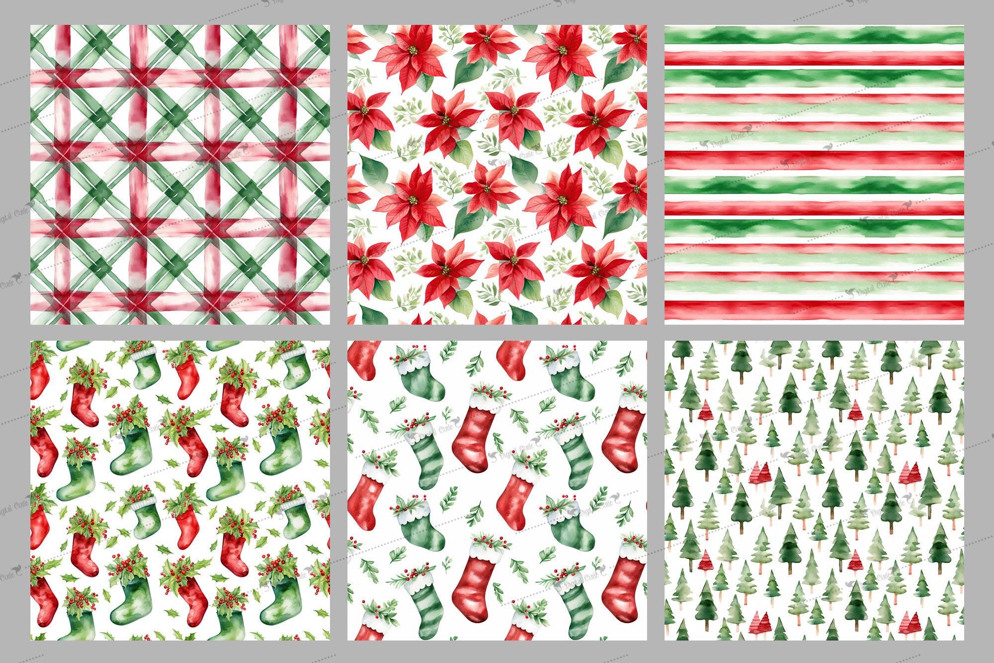 Watercolor Christmas Paper, Seamless Holiday Patterns (digital Download ...