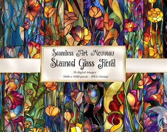Art Nouveau Stained Glass Digital Paper, Seamless Printable Textures ...