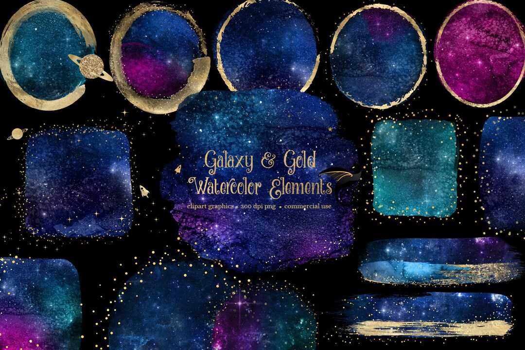 Galaxy and Gold Watercolor Elements Clipart, Watercolour Frames in Gold ...
