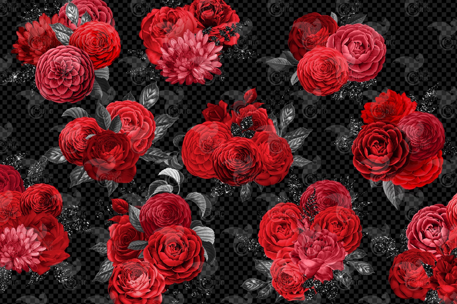 Red and Black Floral Bouquets Clipart Digital Instant - Etsy