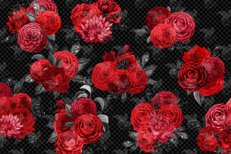 Red and Black Floral Bouquets Clipart, Gothic Wedding Flowers (digital ...