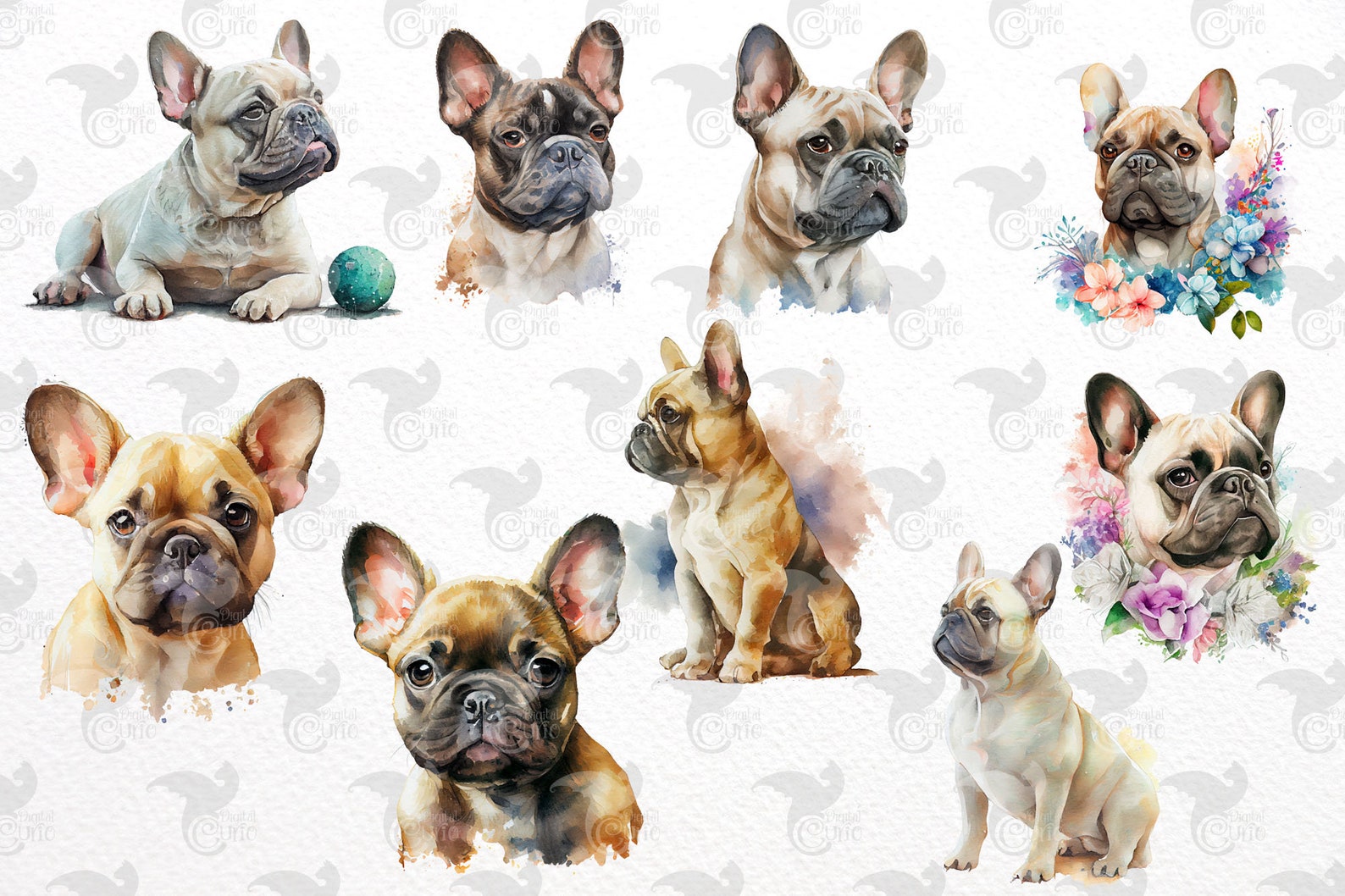 Watercolor French Bulldog Clipart Cute Frenchie Dogs and Puppies PNG ...