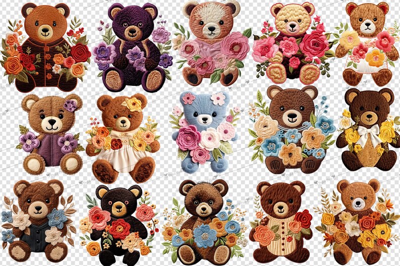 Embroidered Teddy Bear Clipart - Cute Embroidery PNG Format Instant ...