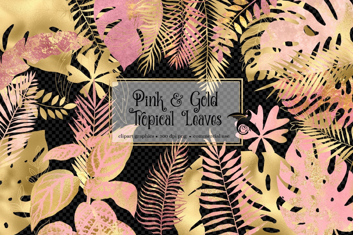 Pink and Gold Tropical Leaves Clipart, Pink Watercolor and Gold Foil ...