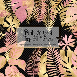 Pink and Gold Tropical Leaves Clipart, Pink Watercolor and Gold Foil ...