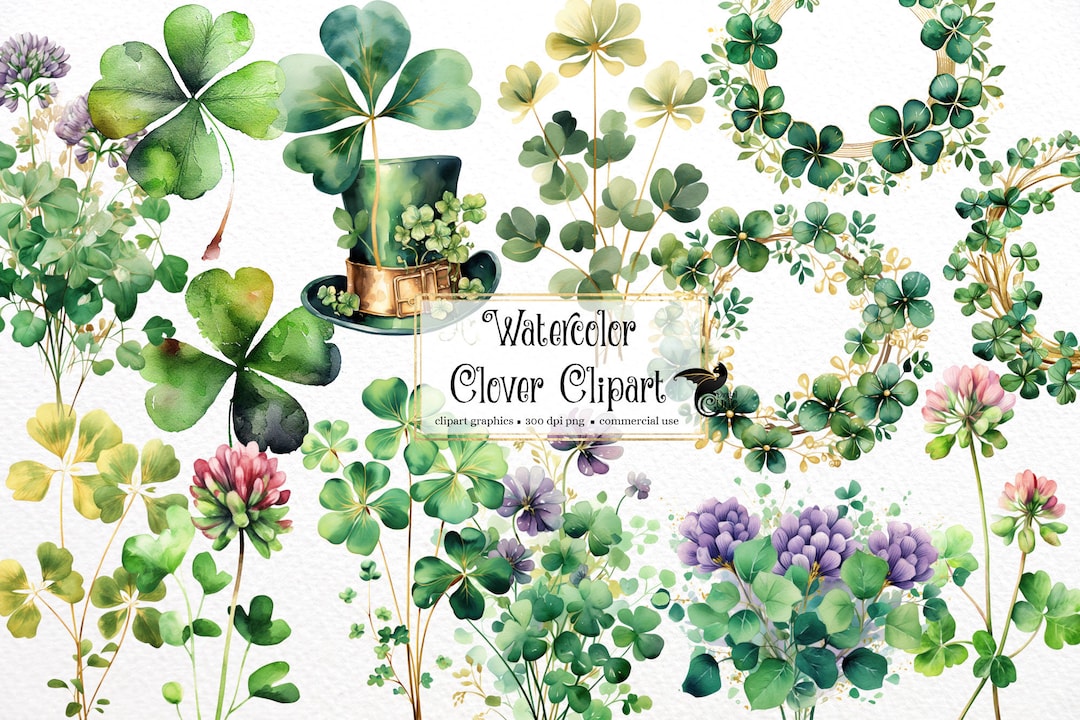 Watercolor Clover Clipart - Floral Shamrock Wreaths PNG Format Instant ...