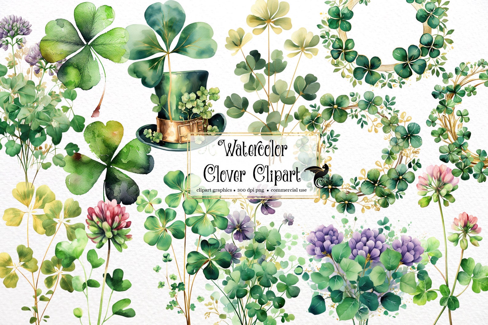 Watercolor Clover Clipart - Floral Shamrock Wreaths PNG Format Instant ...