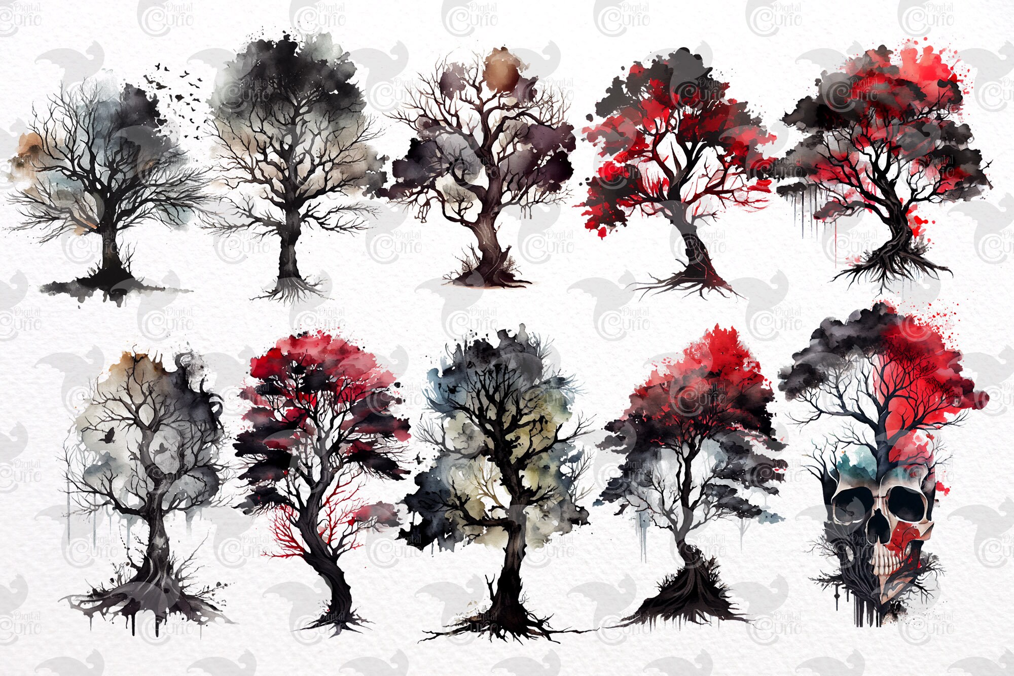 Watercolor Gothic Trees Clipart Dark Fantasy Watercolor - Etsy
