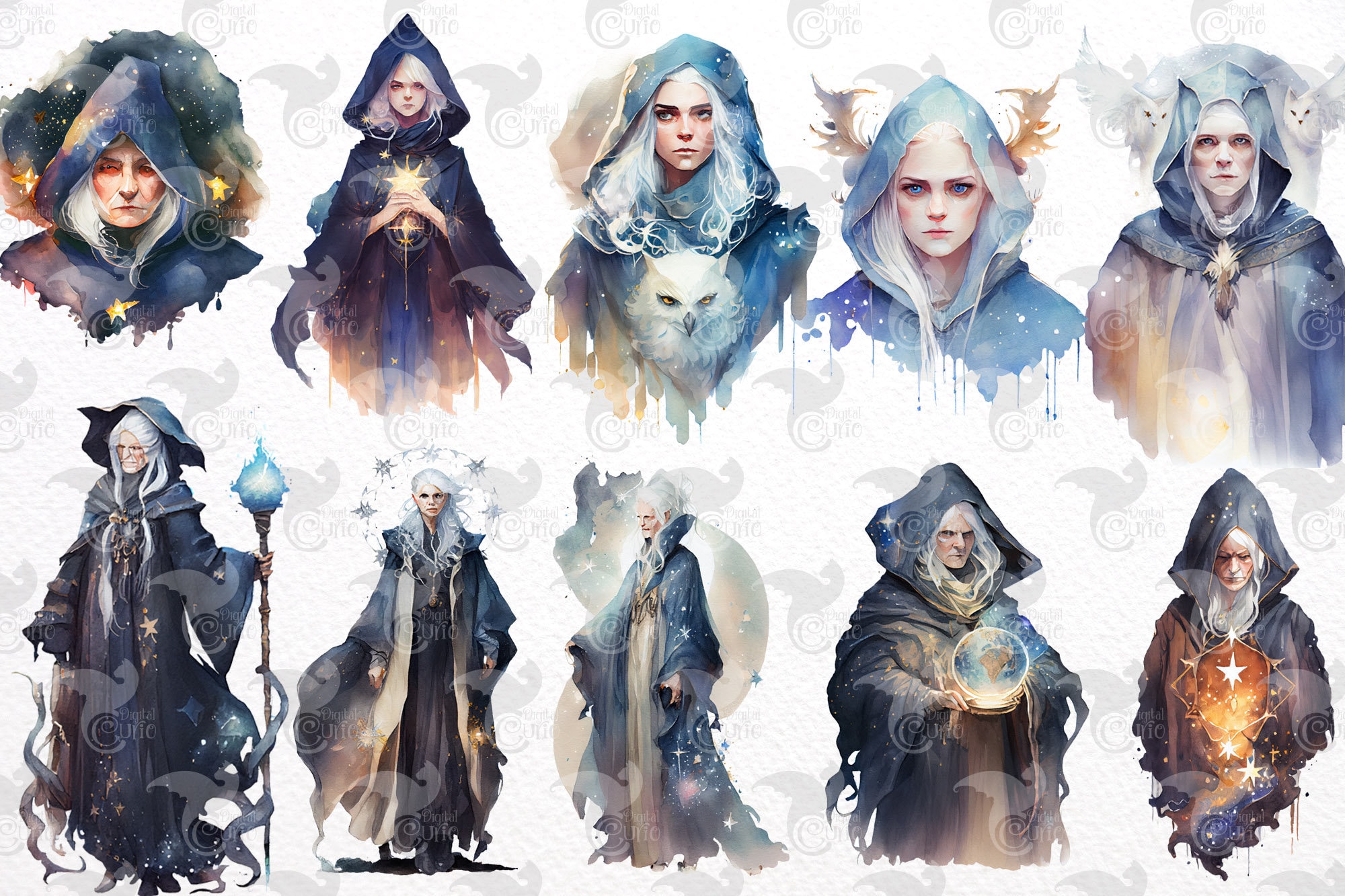 Watercolor Celestial Witches Clipart - Magic Fantasy Watercolor PNG ...