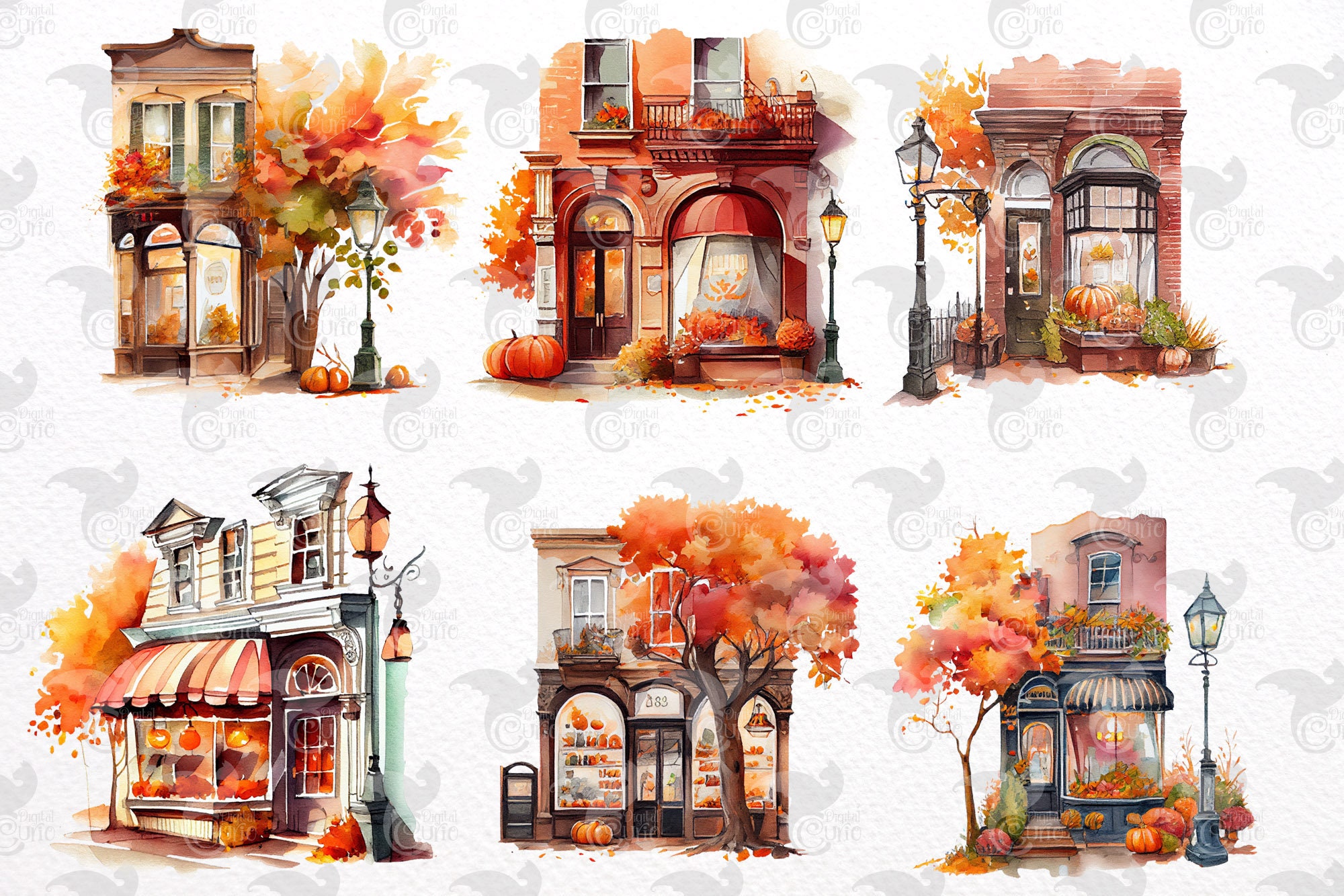Watercolor Autumn Storefronts Clipart – Fall Shops PNG (digital ...