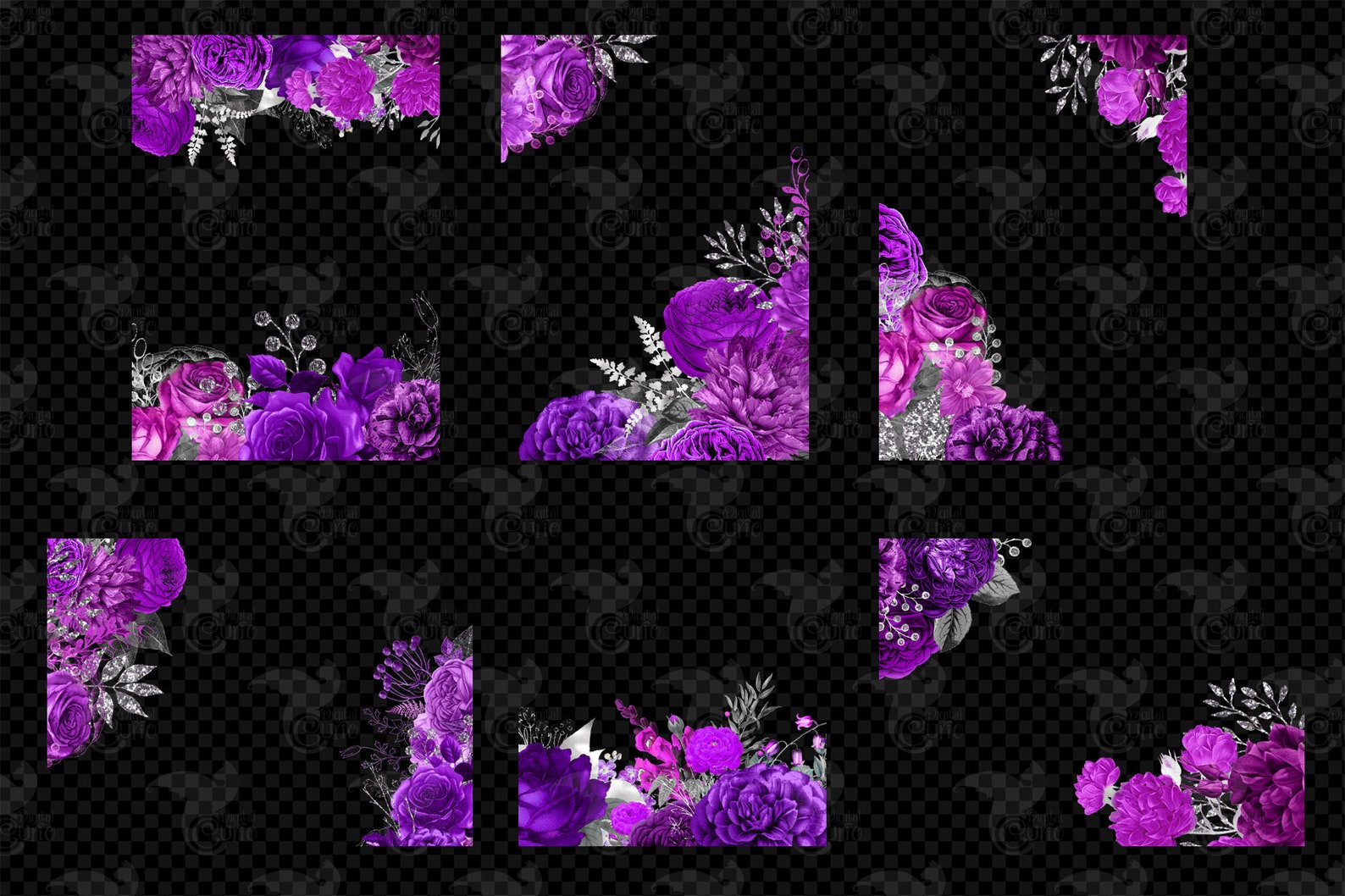 Royal Purple Floral Overlays, Silver Flower Clipart (digital Download ...