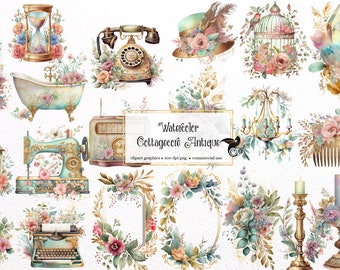 Watercolor Vintage Chic Clipart, Antique Clipart, Vintage Items ...