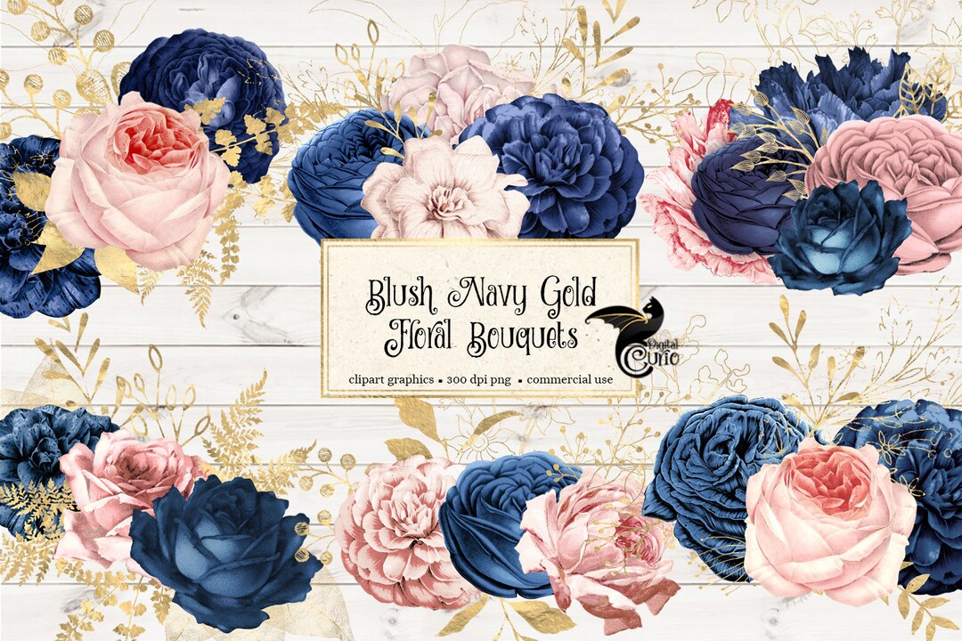 Blush Navy Gold Floral Bouquets Clipart, Digital Instant Download Blush ...