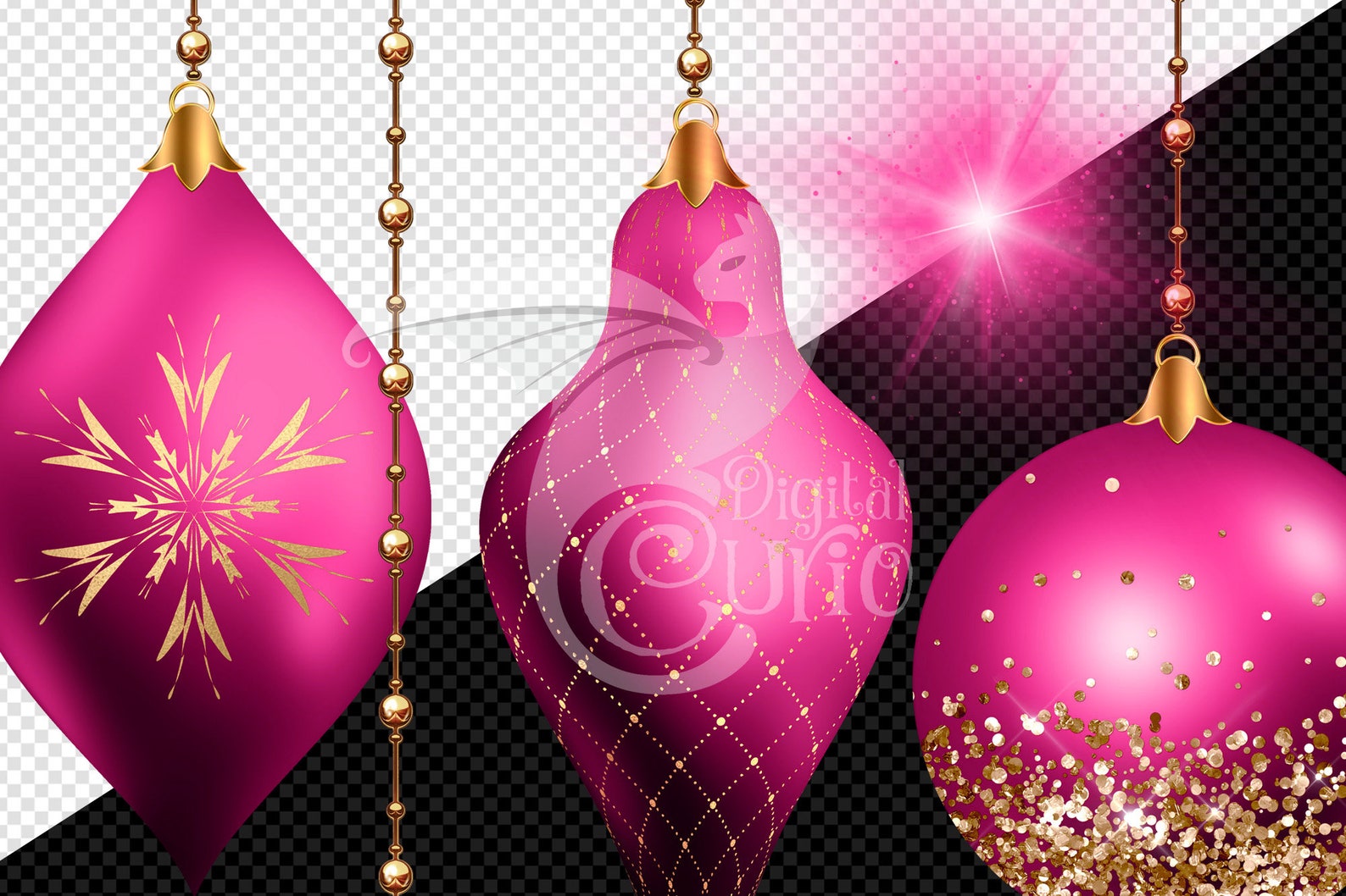 Hot Pink and Gold Christmas Ornaments Clipart Digital Glitter - Etsy