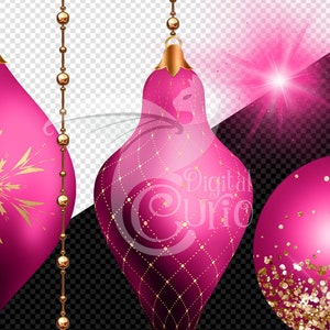 Hot Pink and Gold Christmas Ornaments Clipart, Digital Glitter ...