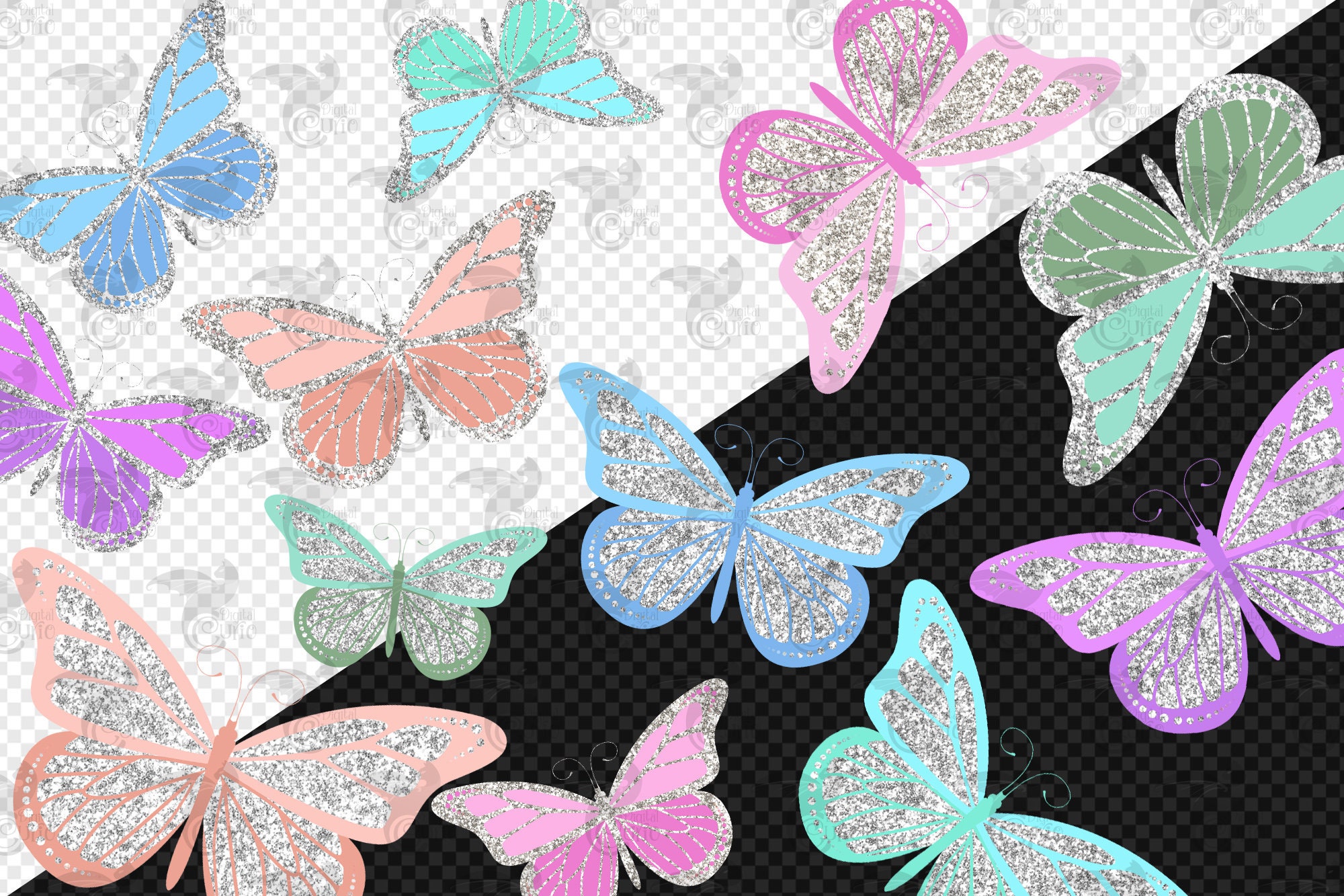 Silver Glitter Butterflies Clipart Pastel Butterfly Instant - Etsy