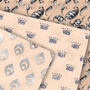 Peach and Silver Peacock Digital Paper, Seamless Peacock Patterns ...