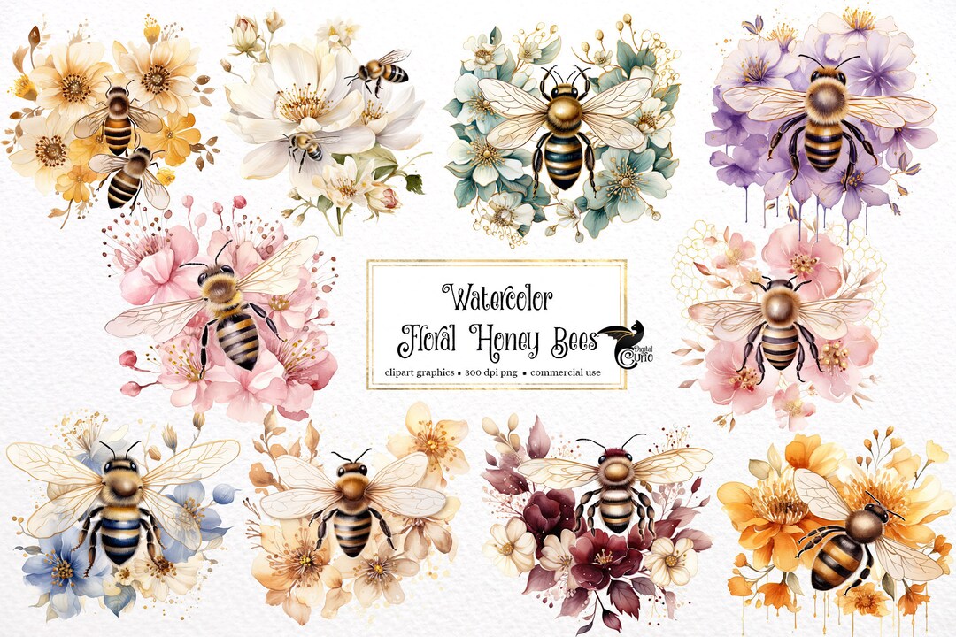 Watercolor Floral Honey Bee Clipart - Cute Bees With Flowers and Leaves ...