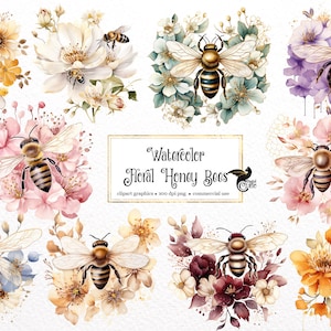 Watercolor Floral Honey Bee Clipart Cute Bees With Flowers and Leaves ...