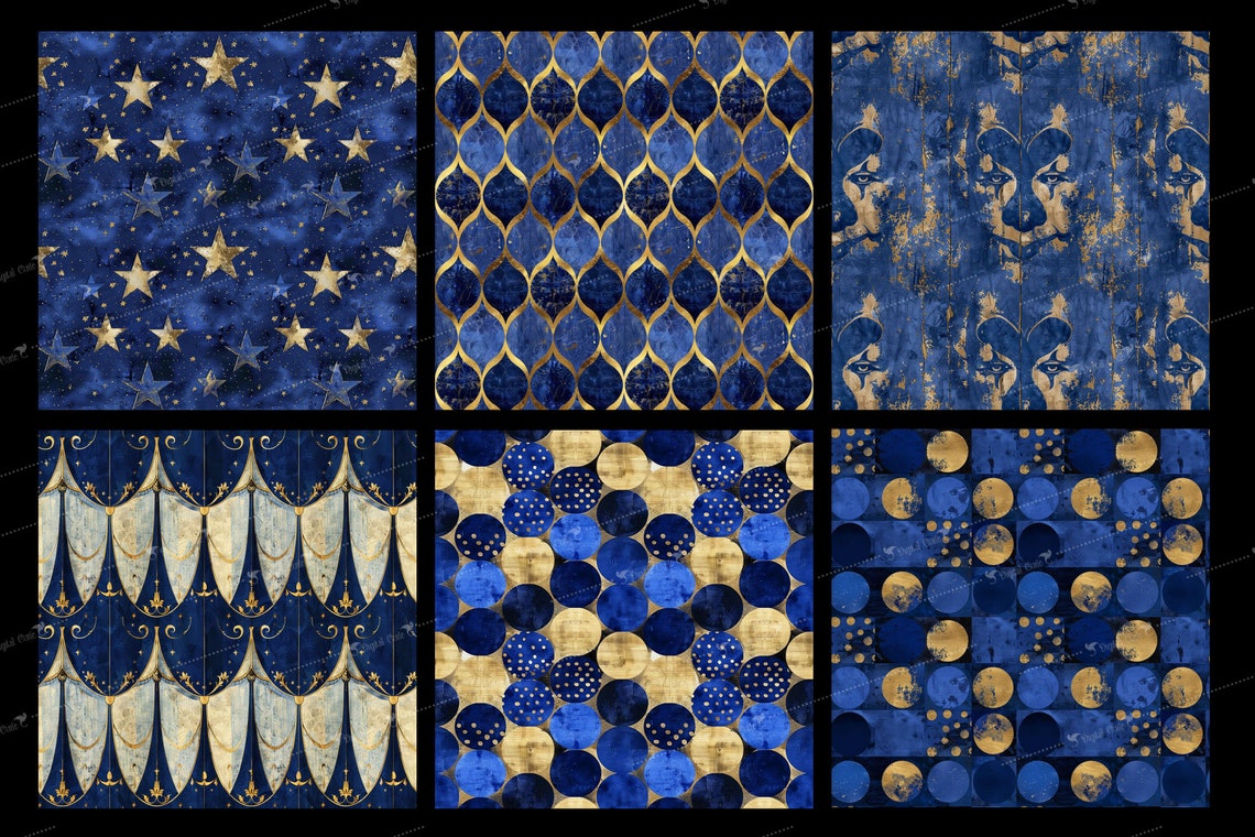 Vintage Circus Digital Paper, Blue and Gold Textures (digital Download ...
