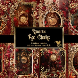 Red Clocks Journal Paper, Rococo Printable Paper (digital Download) - Etsy