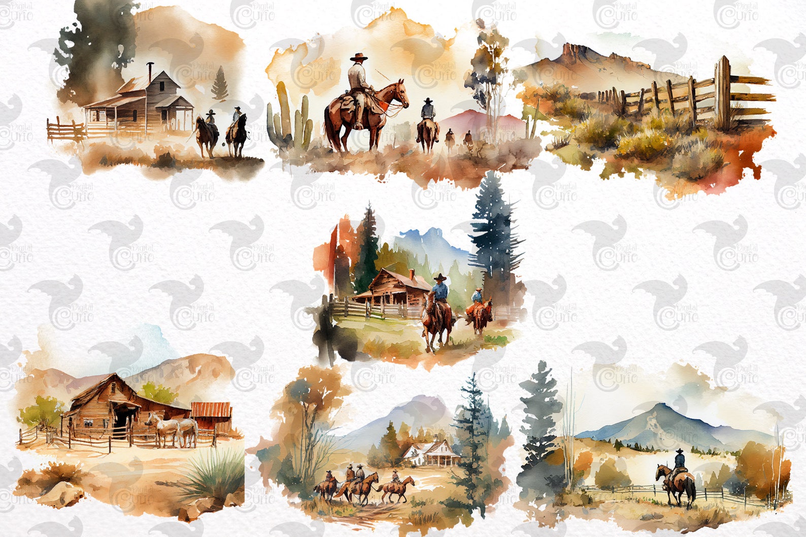 Watercolor Ranch Landscape Clipart – Western Scenes PNG (digital ...