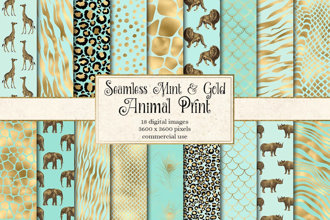 Mint and Gold Animal Skins Digital Paper, Seamless African Animal Print ...