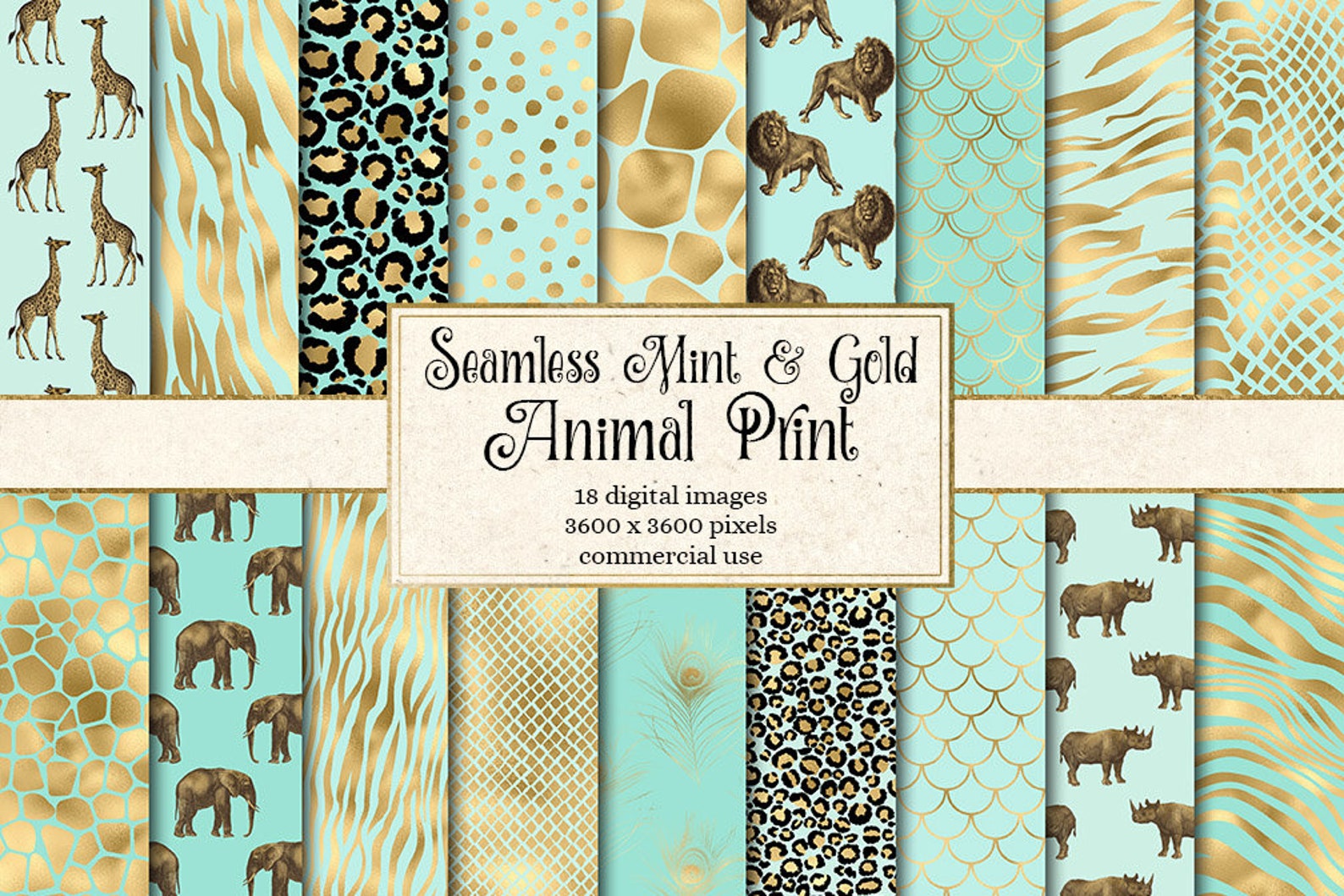 Mint and Gold Animal Skins Digital Paper Seamless African | Etsy