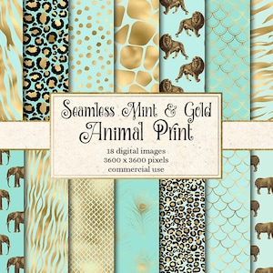 Mint and Gold Animal Skins Digital Paper, Seamless African Animal Print ...