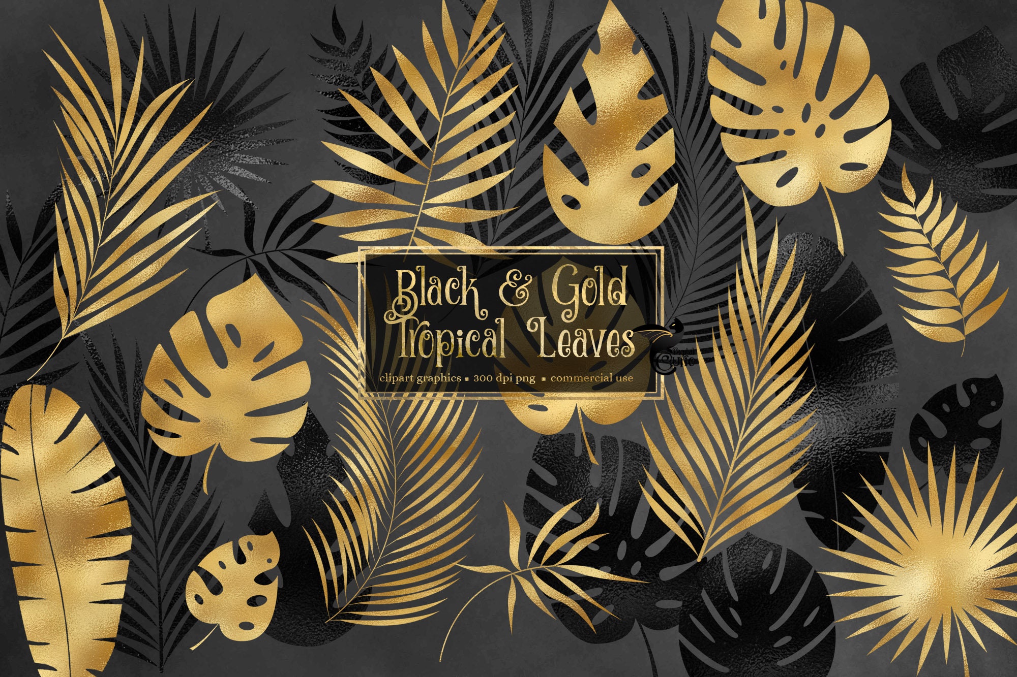 Black and Gold Tropical Leaves Clipart Gold Foil Tropical - Etsy