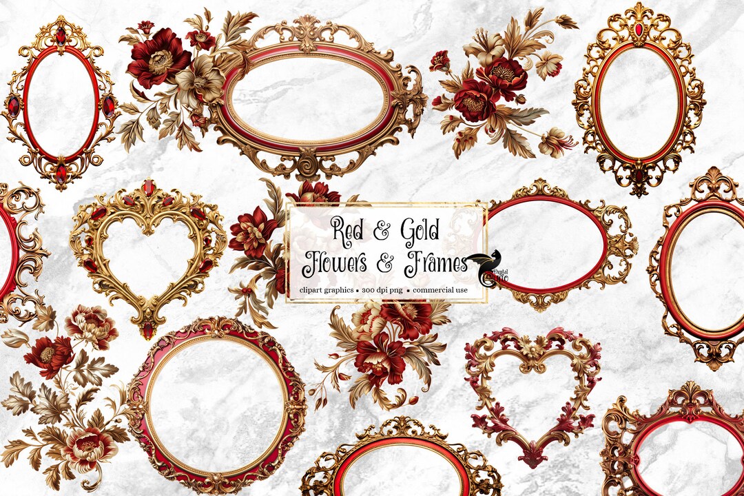 Red and Gold Flowers and Frames Clipart, Rococo Valentine Illustrations ...