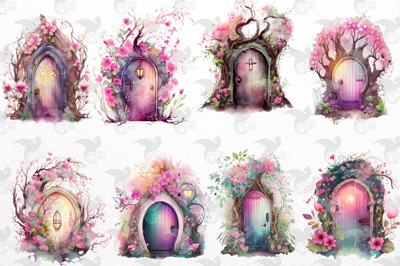 Watercolor Pink Fairy Doors Clipart Fantasy Magic Door - Etsy