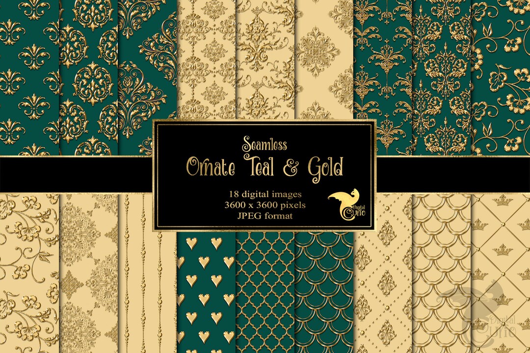 Teal and Gold Damask Digital Paper, Ornate Scrapbook Patterns (digital ...