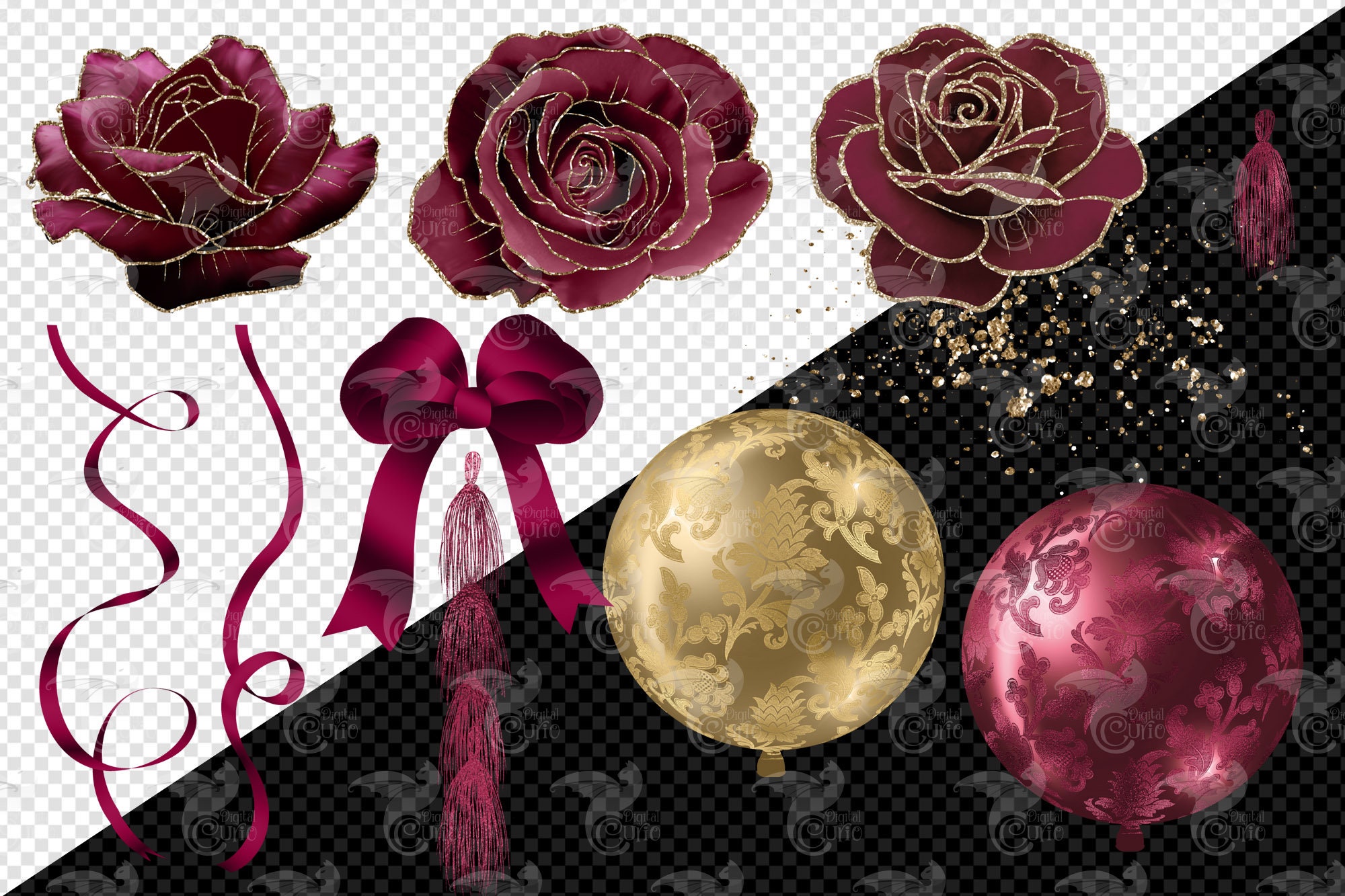 Burgundy and Gold Glam Balloons Clipart Digital Clip Art - Etsy