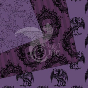 Purple Gothic Digital Paper, Seamless Skull Damask Halloween Patterns ...