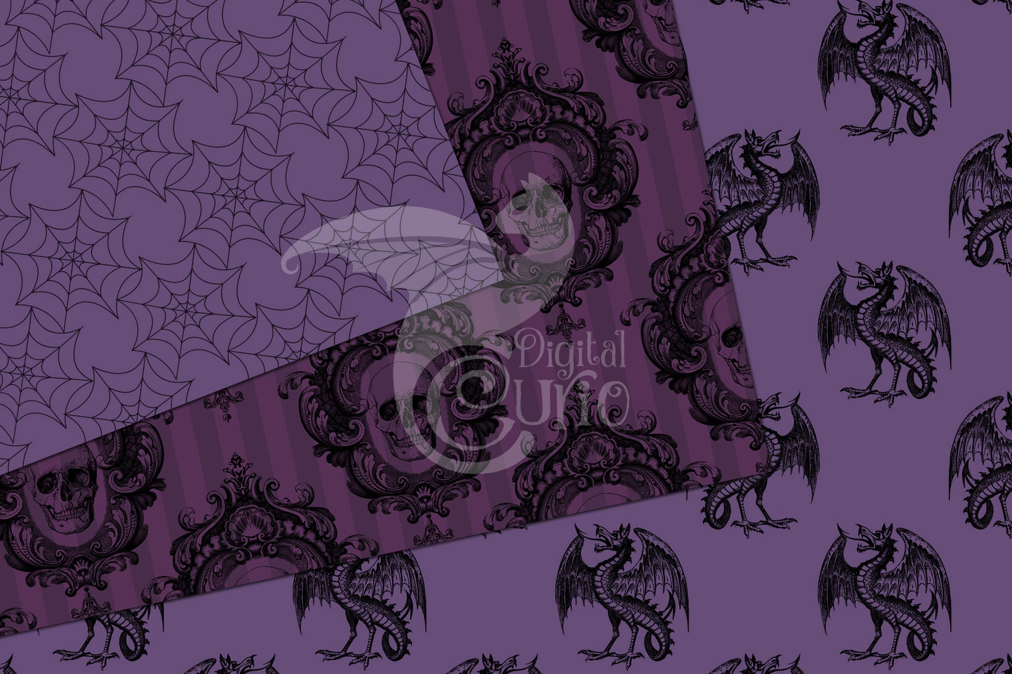 Purple Gothic Digital Paper, Seamless Skull Damask Halloween Patterns ...