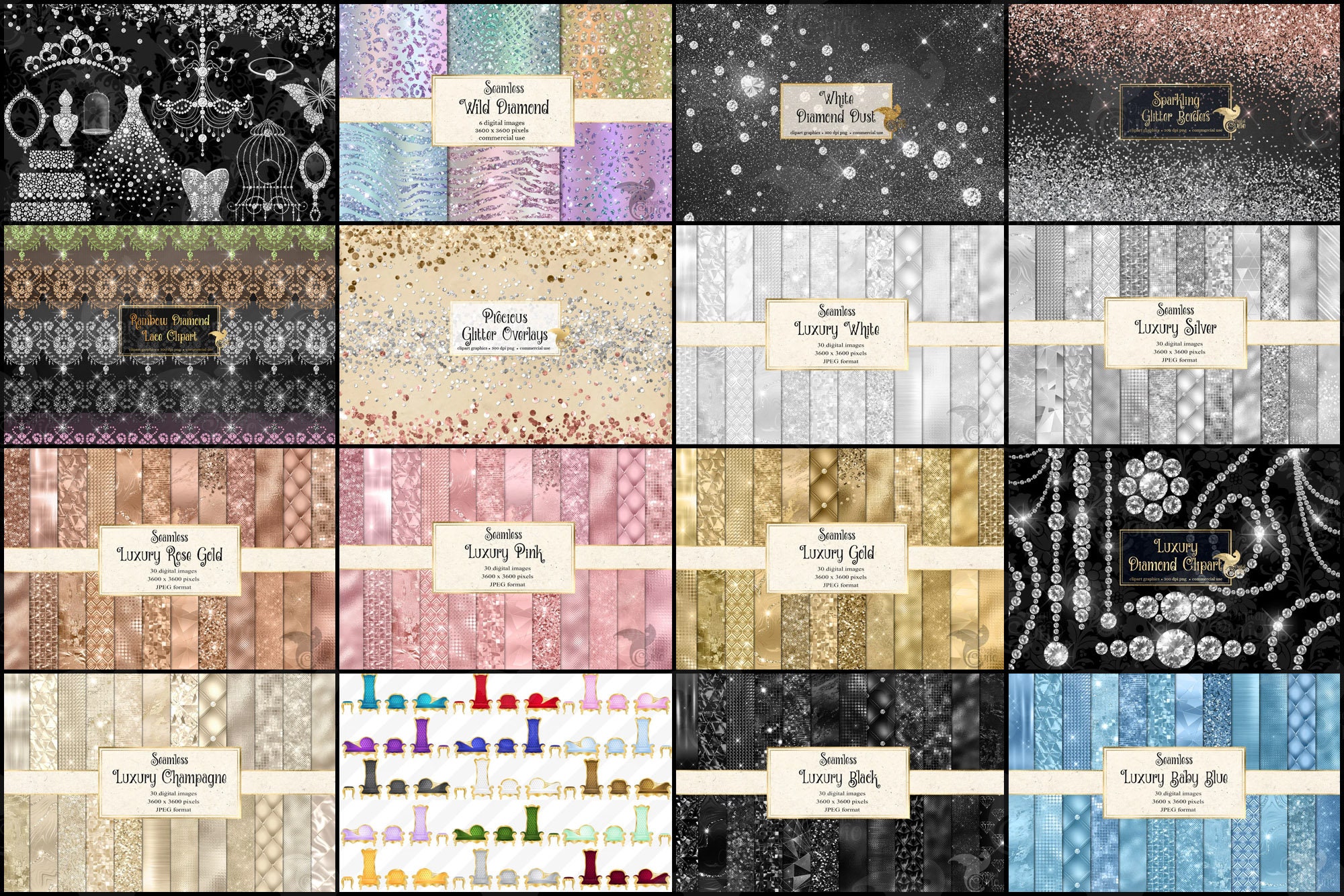 Glam Glitter Graphics Bundle, Foil Clipart, Digital Paper (digital ...