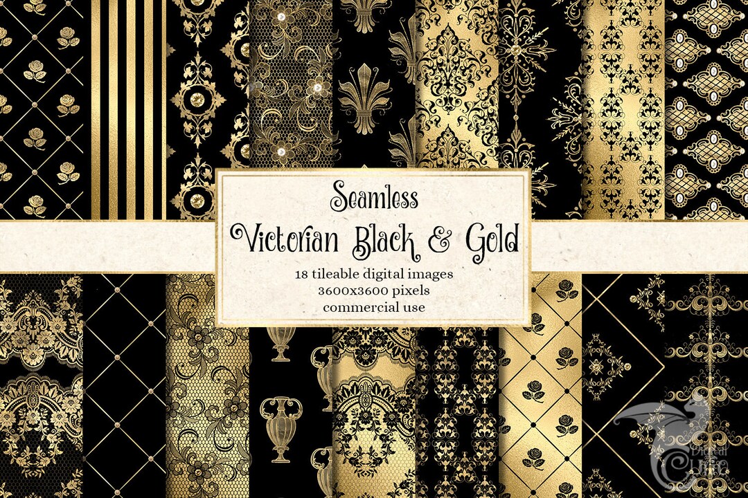 Victorian Black and Gold Digital Paper, Damask Ornaments (digital ...