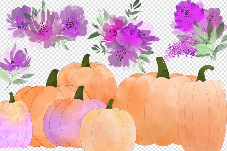 Purple Floral Pumpkins Clip Art Watercolor Pumpkin - Etsy