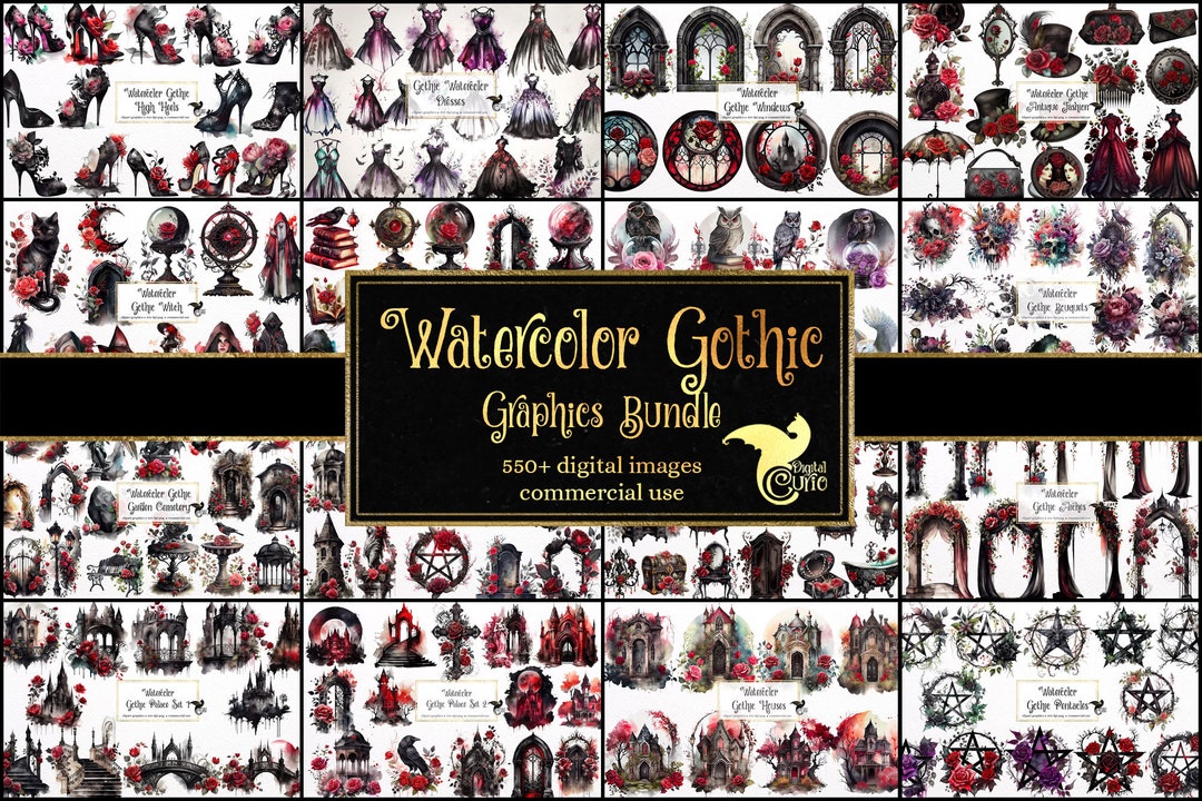 Watercolor Gothic Graphics Bundle, Halloween Fashion Witch Graphics in ...