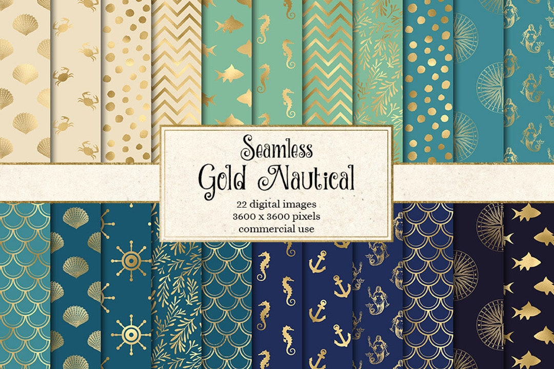 Gold Nautical Digital Paper, Seamless Ocean Patterns (digital Download ...